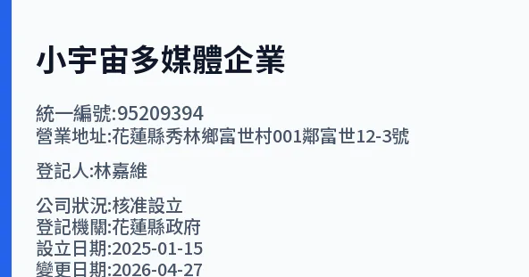 小宇宙多媒體企業的照片-統編 95209394(花蓮縣) 公司登記資料與營業項目詳細圖表