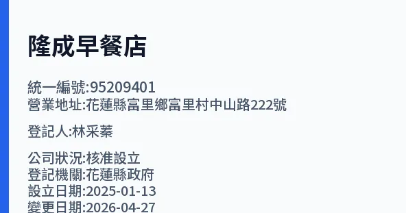 隆成早餐店的照片-統編 95209401(花蓮縣) 公司登記資料與營業項目詳細圖表