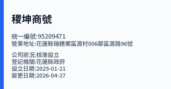 稷坤商號的照片-統編 95209471(花蓮縣) 公司登記資料與營業項目詳細圖表
