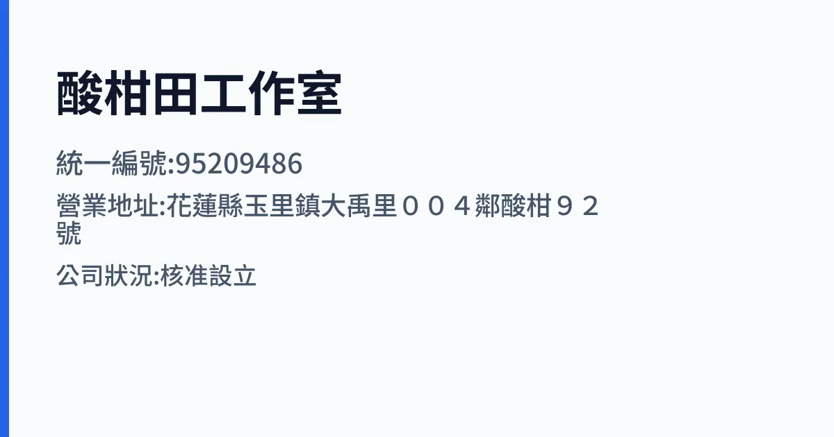 酸柑田工作室 - 統編 95209486(花蓮縣) 公司登記資料與營業項目詳細圖表
