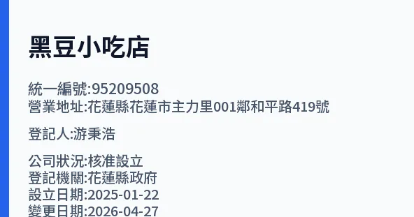 黑豆小吃店的照片-統編 95209508(花蓮縣) 公司登記資料與營業項目詳細圖表