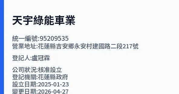 天宇綠能車業的照片-統編 95209535(花蓮縣) 公司登記資料與營業項目詳細圖表