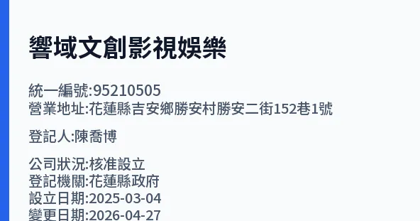 響域文創影視娛樂的照片-統編 95210505(花蓮縣) 公司登記資料與營業項目詳細圖表
