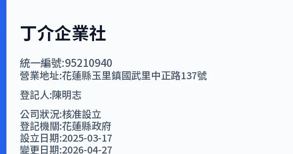 丁介企業社的照片-統編 95210940(花蓮縣) 公司登記資料與營業項目詳細圖表