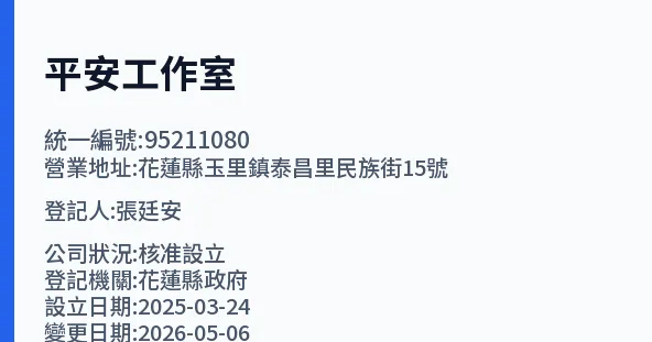 平安工作室的照片-統編 95211080(花蓮縣) 公司登記資料與營業項目詳細圖表