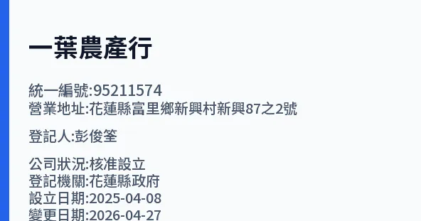 一葉農產行的照片-統編 95211574(花蓮縣) 公司登記資料與營業項目詳細圖表