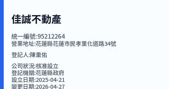 佳誠不動產的照片-統編 95212264(花蓮縣) 公司登記資料與營業項目詳細圖表