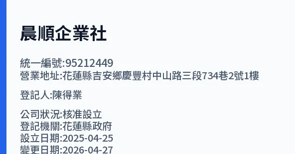 晨順企業社的照片-統編 95212449(花蓮縣) 公司登記資料與營業項目詳細圖表
