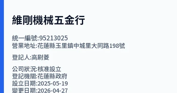 維剛機械五金行的照片-統編 95213025(花蓮縣) 公司登記資料與營業項目詳細圖表