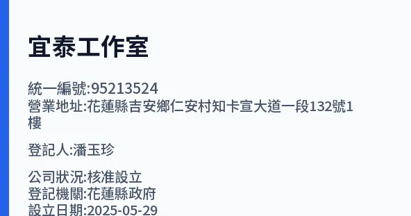 宜泰工作室的照片-統編 95213524(花蓮縣) 公司登記資料與營業項目詳細圖表