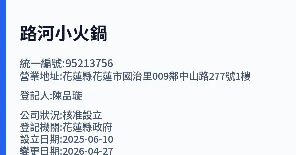 路河小火鍋的照片-統編 95213756(花蓮縣) 公司登記資料與營業項目詳細圖表
