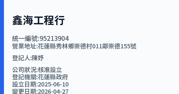 鑫海工程行的照片-統編 95213904(花蓮縣) 公司登記資料與營業項目詳細圖表