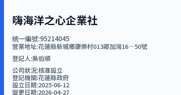 嗨海洋之心企業社的照片-統編 95214045(花蓮縣) 公司登記資料與營業項目詳細圖表