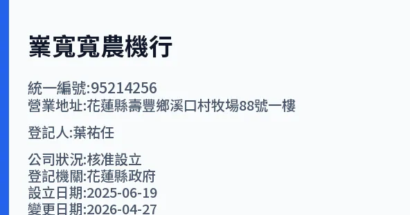 嶪寬寬農機行的照片-統編 95214256(花蓮縣) 公司登記資料與營業項目詳細圖表