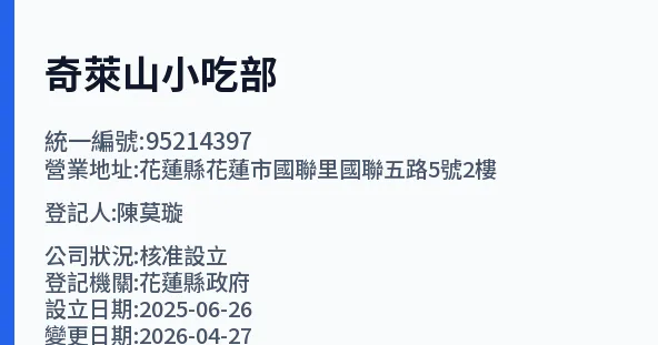 奇萊山小吃部的照片-統編 95214397(花蓮縣) 公司登記資料與營業項目詳細圖表