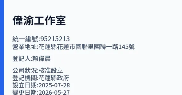 偉渝工作室的照片-統編 95215213(花蓮縣) 公司登記資料與營業項目詳細圖表