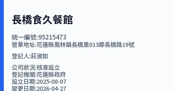 長橋食久餐館的照片-統編 95215473(花蓮縣) 公司登記資料與營業項目詳細圖表