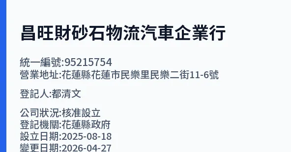昌旺財砂石物流汽車企業行的照片-統編 95215754(花蓮縣) 公司登記資料與營業項目詳細圖表
