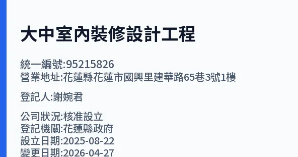 大中室內裝修設計工程的照片-統編 95215826(花蓮縣) 公司登記資料與營業項目詳細圖表