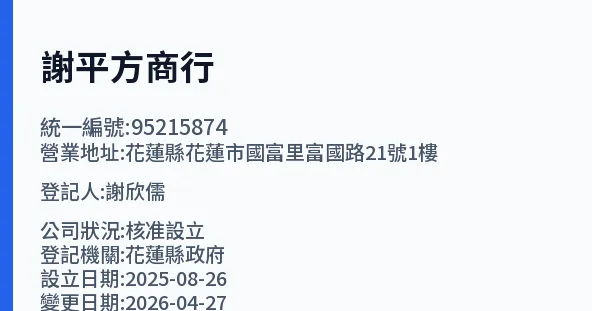 謝平方商行的照片-統編 95215874(花蓮縣) 公司登記資料與營業項目詳細圖表