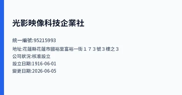 光影映像科技企業社的照片-統編 95215993 公司登記資料與營業項目詳細圖表