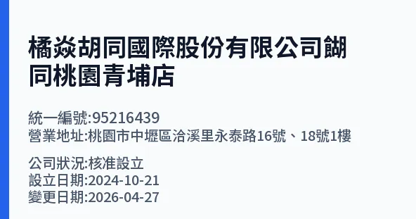 橘焱胡同國際股份有限公司餬同桃園青埔店的照片-統編 95216439(桃園市) 公司登記資料與營業項目詳細圖表
