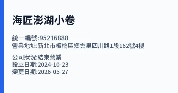 海匠澎湖小卷的照片-統編 95216888(新北市) 公司登記資料與營業項目詳細圖表