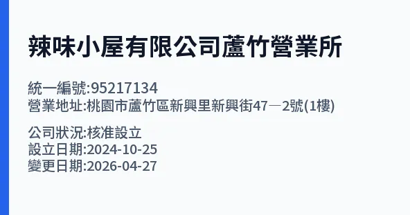辣味小屋有限公司蘆竹營業所的照片-統編 95217134(桃園市) 公司登記資料與營業項目詳細圖表
