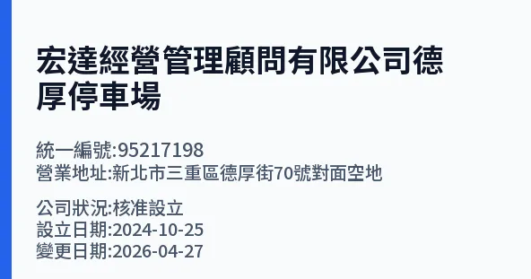 宏達經營管理顧問有限公司德厚停車場的照片-統編 95217198(新北市) 公司登記資料與營業項目詳細圖表