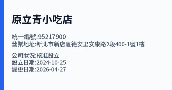 原立青小吃店的照片-統編 95217900(新北市) 公司登記資料與營業項目詳細圖表
