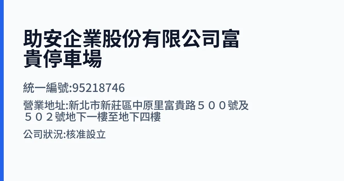 助安企業股份有限公司富貴停車場 - 統編 95218746(新北市) 公司登記資料與營業項目詳細圖表