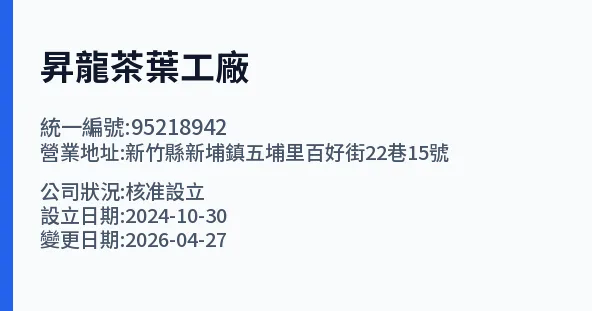 昇龍茶葉工廠的照片-統編 95218942(新竹縣) 公司登記資料與營業項目詳細圖表
