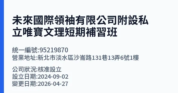 未來國際領袖有限公司附設私立唯寶文理短期補習班的照片-統編 95219870(新北市) 公司登記資料與營業項目詳細圖表