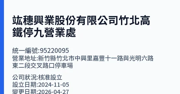 竑穗興業股份有限公司竹北高鐵停九營業處的照片-統編 95220095(新竹縣) 公司登記資料與營業項目詳細圖表