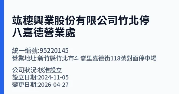 竑穗興業股份有限公司竹北停八嘉德營業處的照片-統編 95220145(新竹縣) 公司登記資料與營業項目詳細圖表