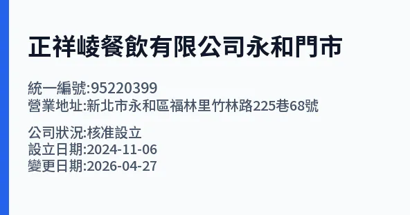 正祥崚餐飲有限公司永和門市的照片-統編 95220399(新北市) 公司登記資料與營業項目詳細圖表