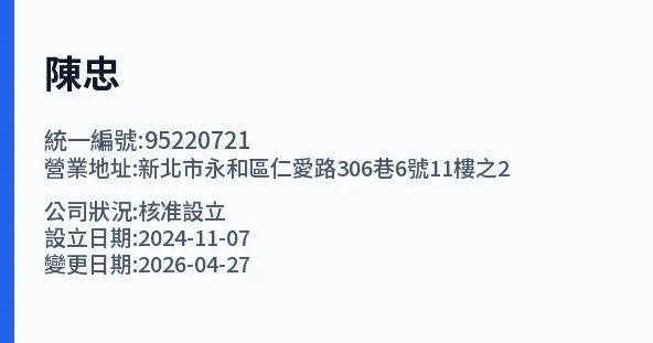 陳忠的照片-統編 95220721(新北市) 公司登記資料與營業項目詳細圖表