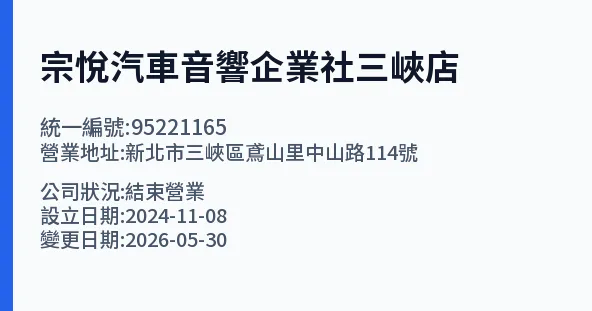 宗悅汽車音響企業社三峽店的照片-統編 95221165(新北市) 公司登記資料與營業項目詳細圖表
