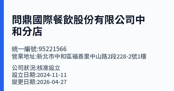 問鼎國際餐飲股份有限公司中和分店的照片-統編 95221566(新北市) 公司登記資料與營業項目詳細圖表