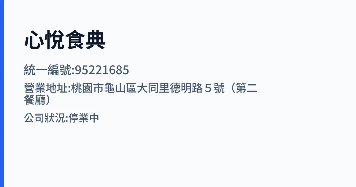 心悅食典 - 統編 95221685(桃園市) 公司登記資料與營業項目詳細圖表