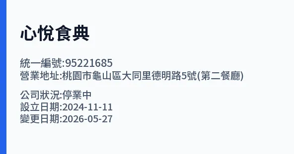 心悅食典的照片-統編 95221685(桃園市) 公司登記資料與營業項目詳細圖表