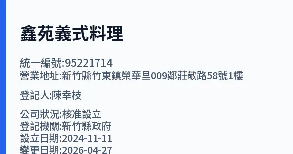 鑫苑義式料理的照片-統編 95221714(新竹縣) 公司登記資料與營業項目詳細圖表