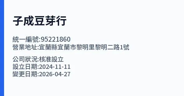 子成豆芽行的照片-統編 95221860(宜蘭縣) 公司登記資料與營業項目詳細圖表