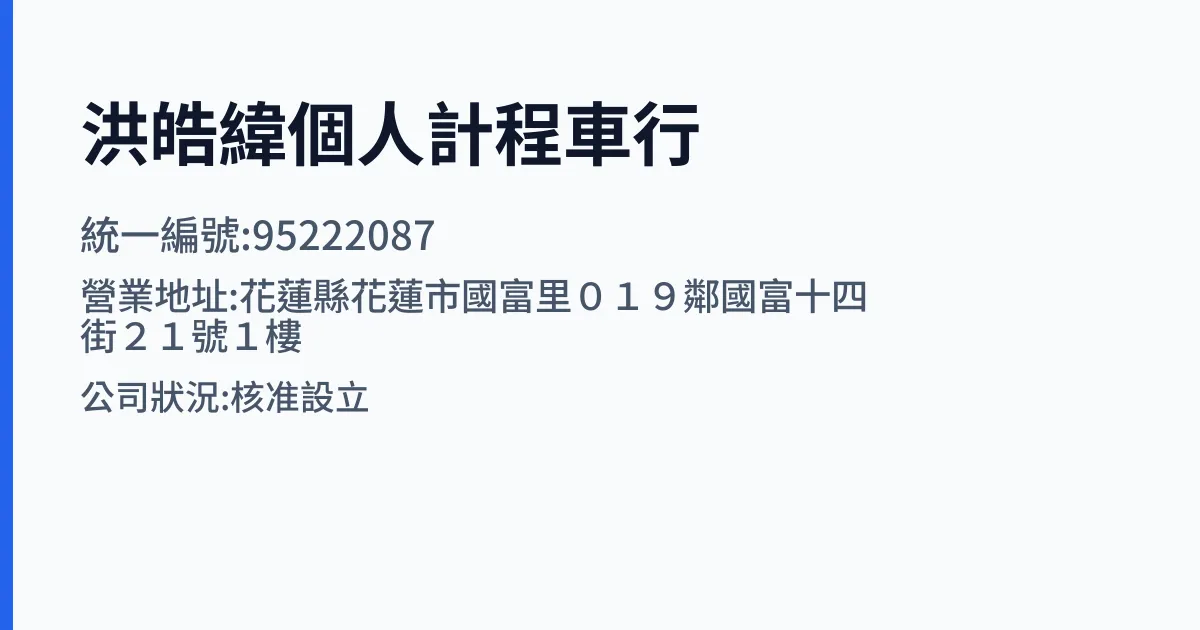 洪皓緯個人計程車行 - 統編 95222087(花蓮縣) 公司登記資料與營業項目詳細圖表