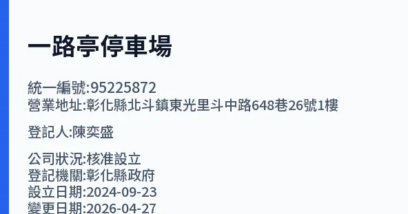 一路亭停車場的照片-統編 95225872(彰化縣) 公司登記資料與營業項目詳細圖表