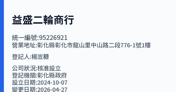 益盛二輪商行的照片-統編 95226921(彰化縣) 公司登記資料與營業項目詳細圖表