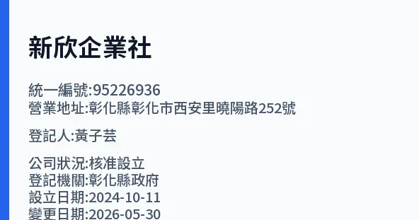 新欣企業社的照片-統編 95226936(彰化縣) 公司登記資料與營業項目詳細圖表