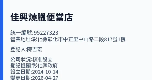 佳興燒臘便當店的照片-統編 95227323(彰化縣) 公司登記資料與營業項目詳細圖表