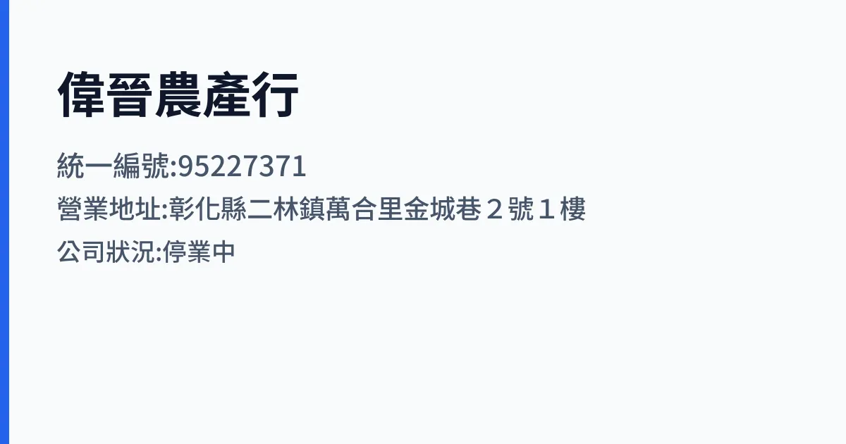 偉晉農產行 - 統編 95227371(彰化縣) 公司登記資料與營業項目詳細圖表
