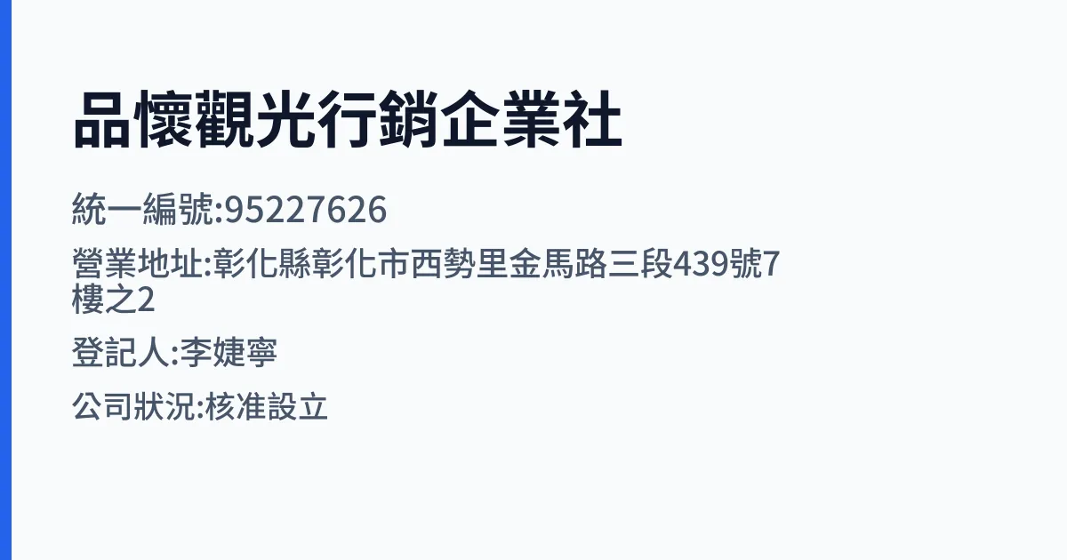 品懷觀光行銷企業社 - 統編 95227626(彰化縣) 公司登記資料與營業項目詳細圖表
